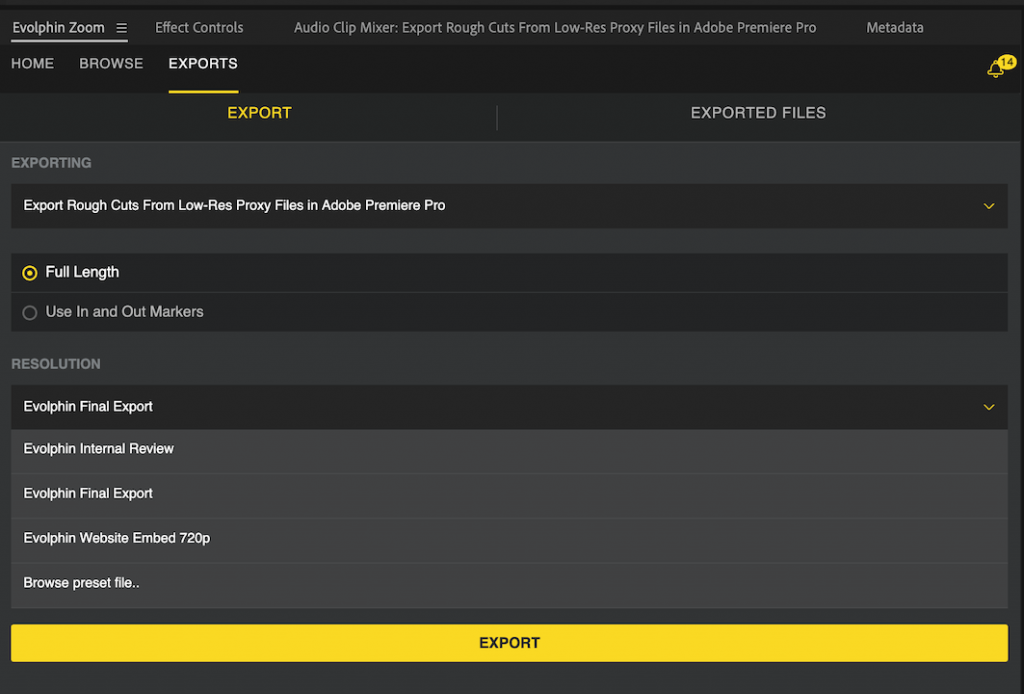 Using Export Presets in the Adobe Premiere Pro Plugin - Evolphin Learning Portal